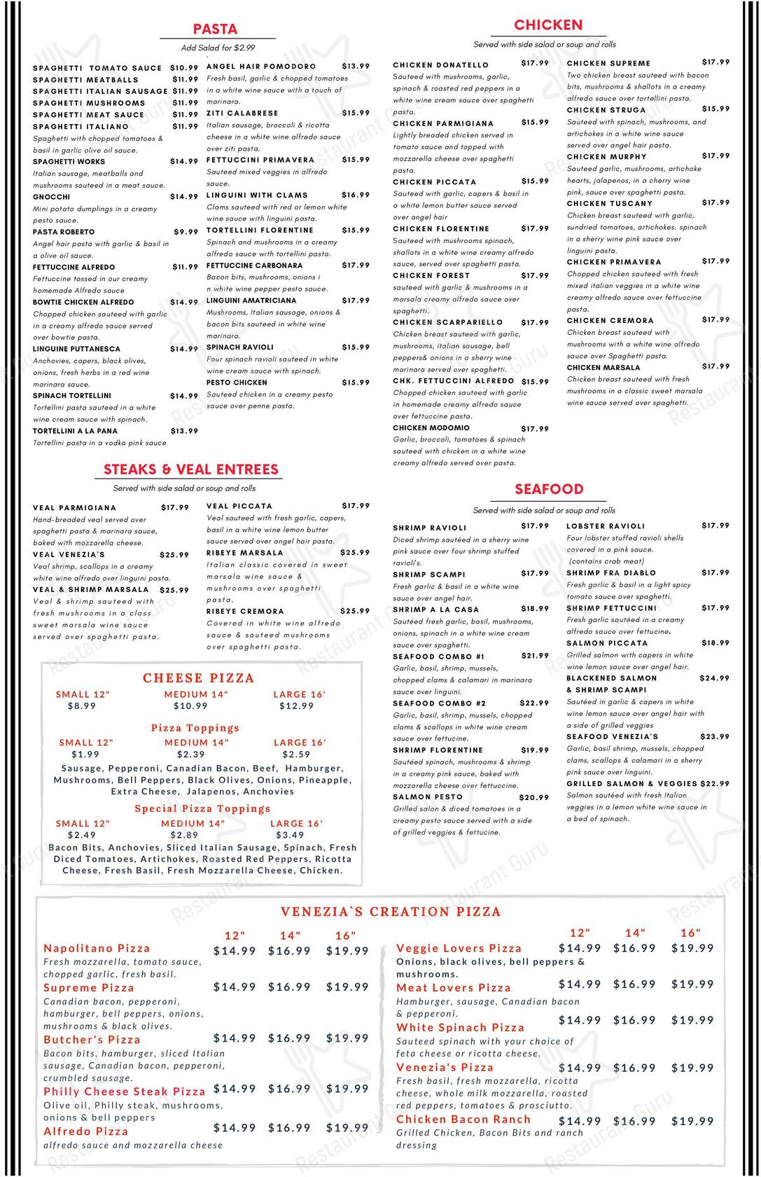 Menu at Venezia's Pizza & Pasta restaurant, Russellville