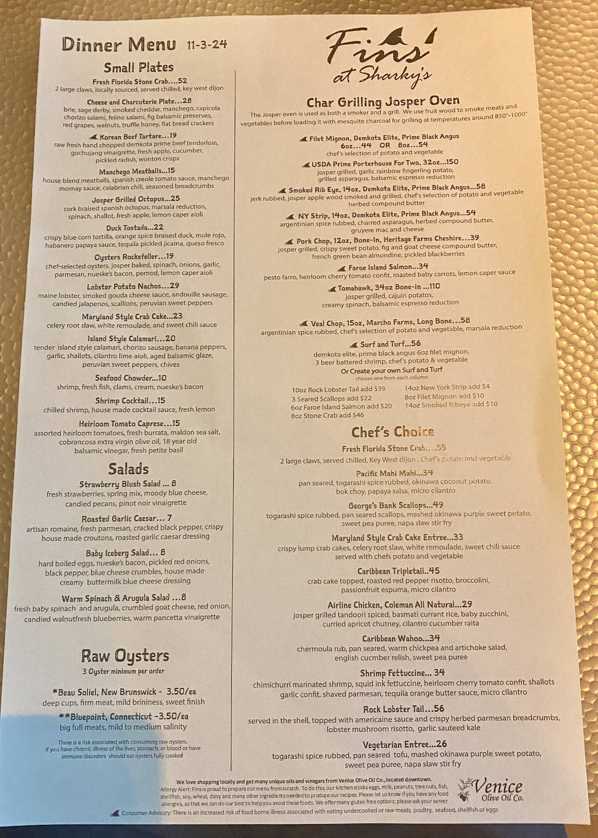 Menu at Fins At Sharky's restaurant, Venice