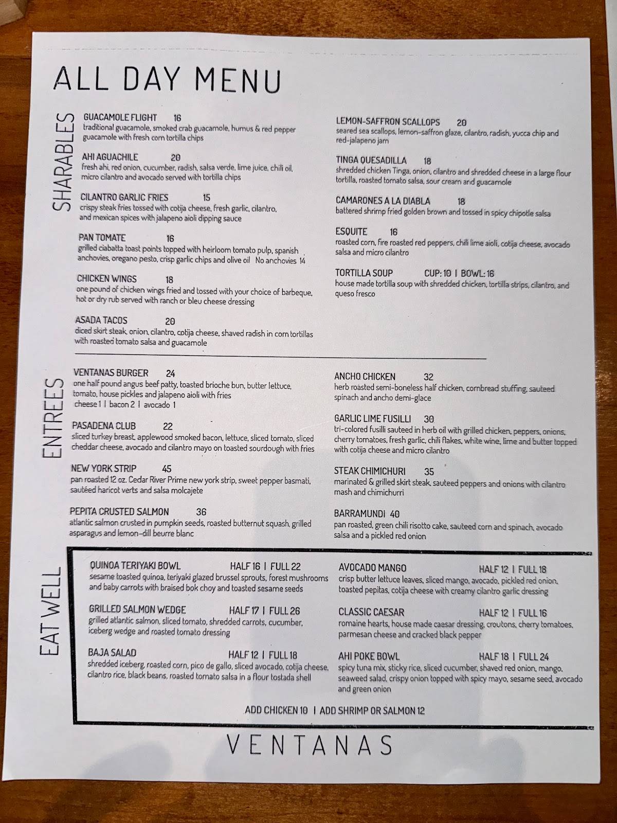 Menu at Ventanas Restaurant, Pasadena