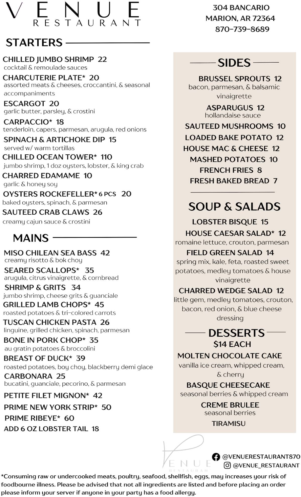 Menu at Venue Restaurant, Marion