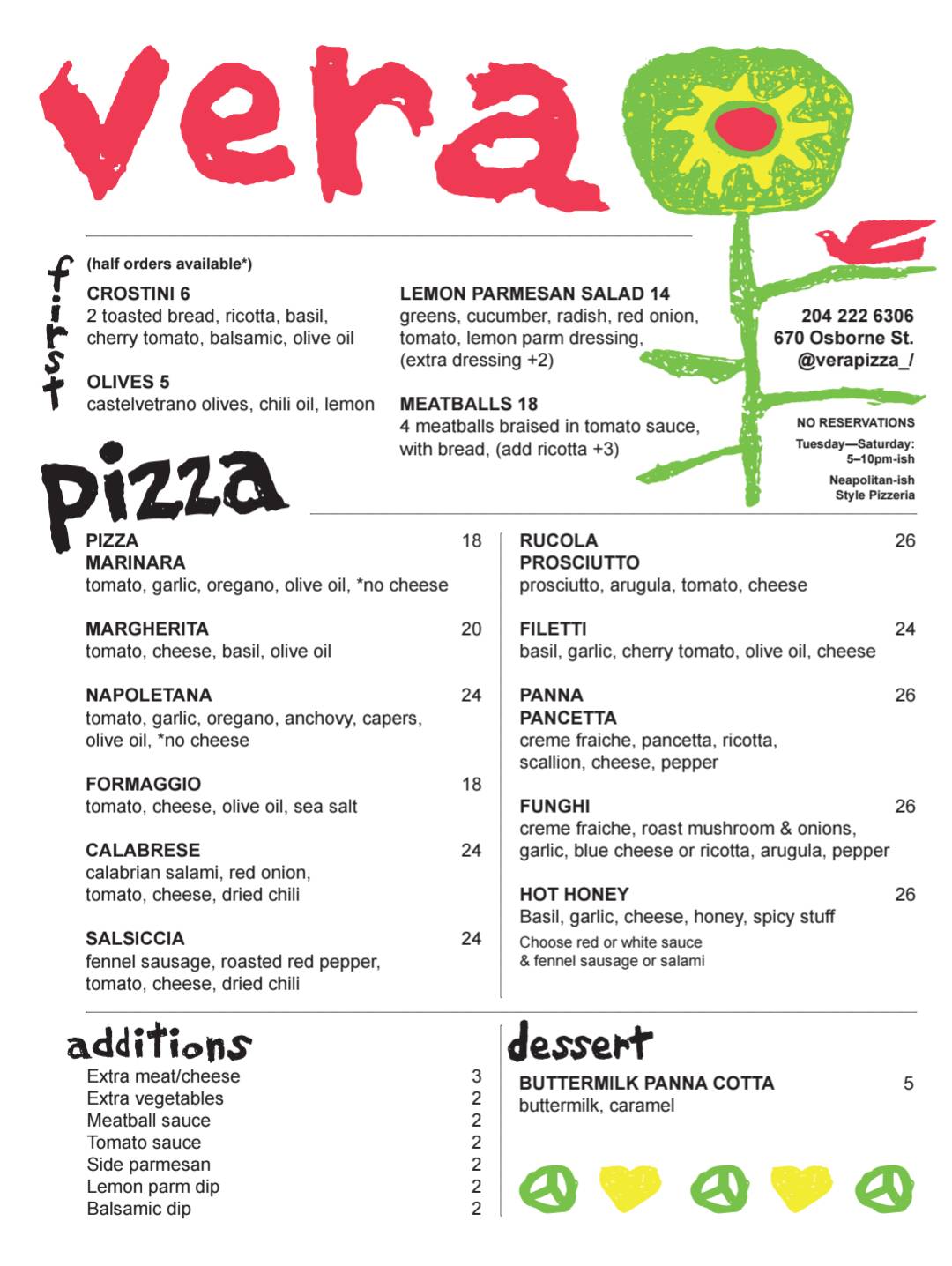 Menu at Vera Pizza pizzeria, Winnipeg