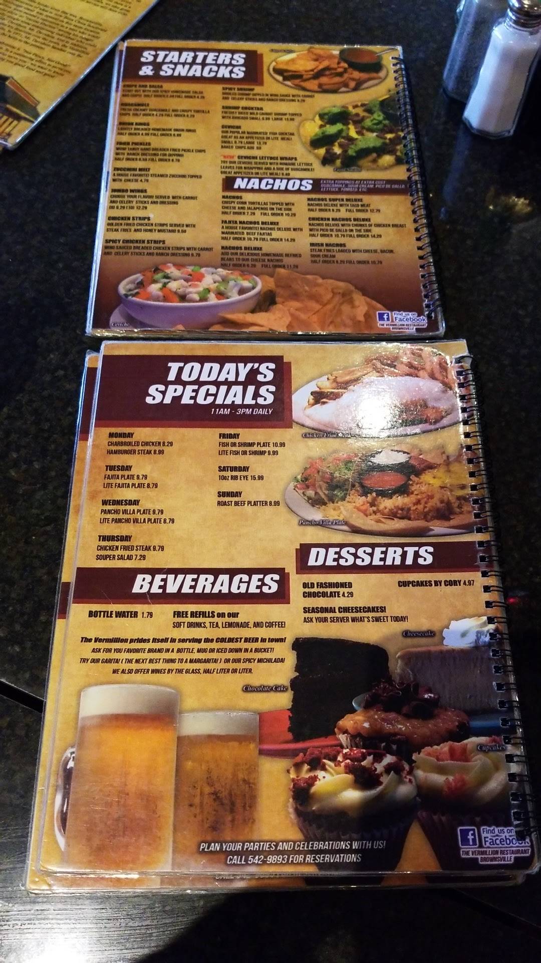 Menu at Vermillion Restaurant and Watering Hole, Brownsville