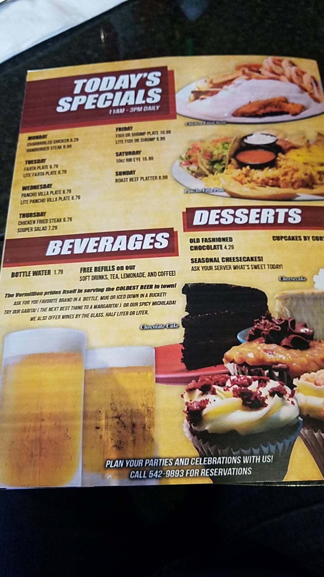 Menu at Vermillion Restaurant and Watering Hole, Brownsville