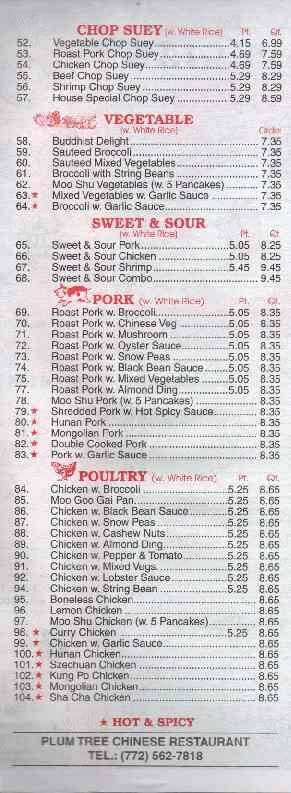 Menu at Plum Tree restaurant, Vero Beach