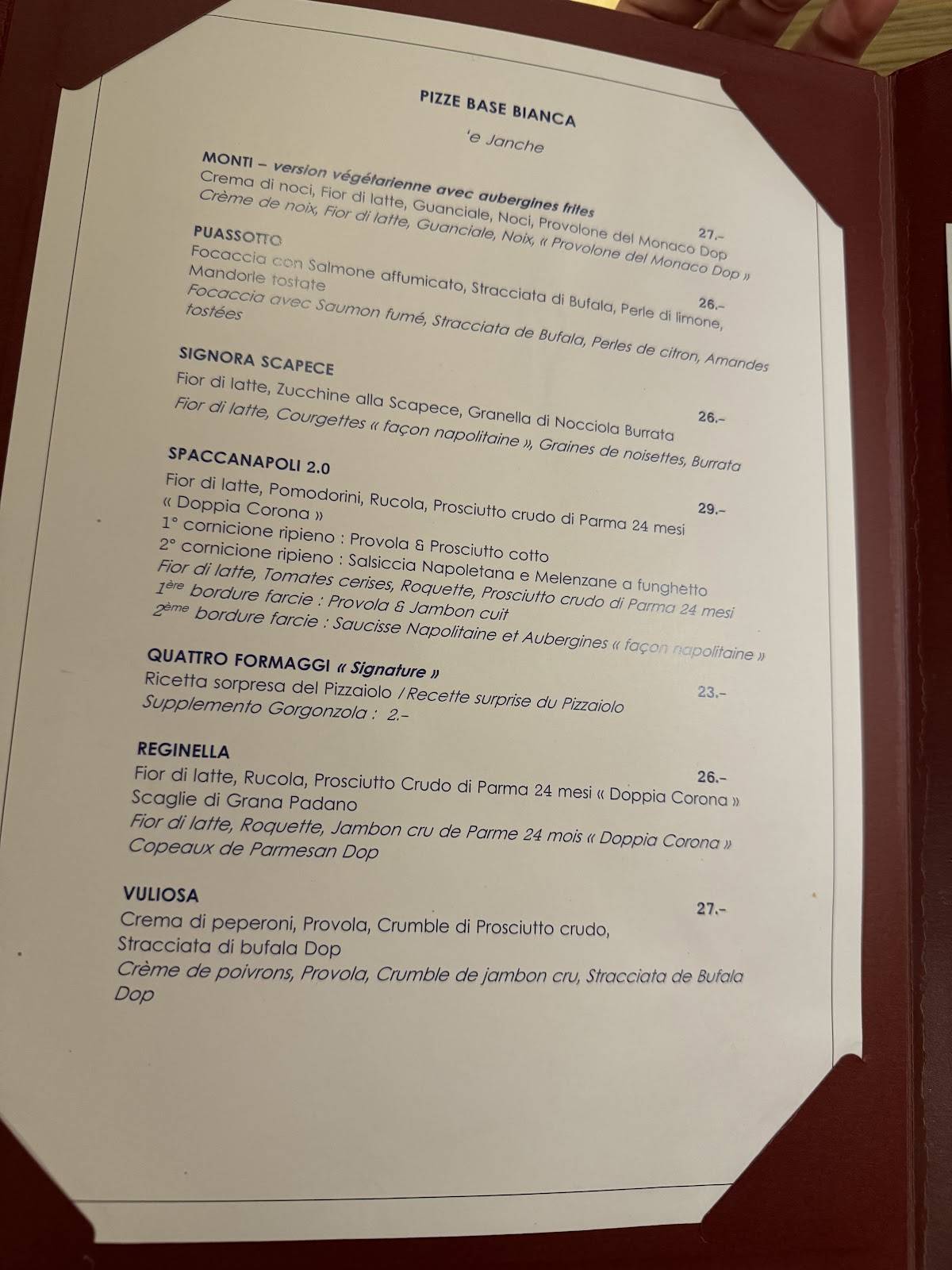 Menu au Vesuvius Restaurant Pizzeria Napoletana, Neuchâtel