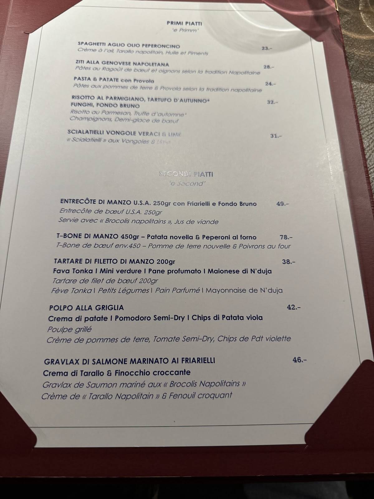 Menu au Vesuvius Restaurant Pizzeria Napoletana, Neuchâtel