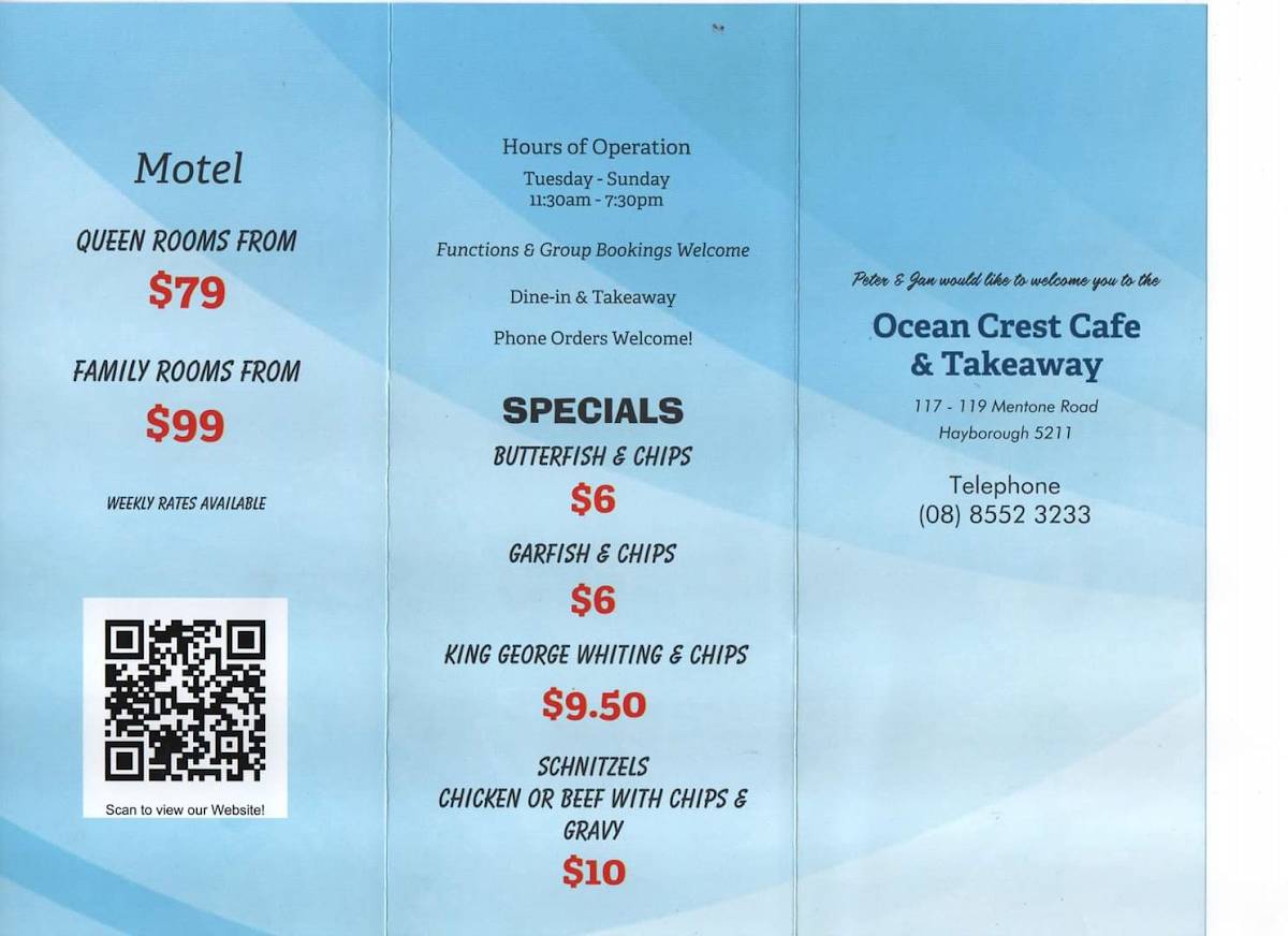 Carta de Ocean Crest Cafe, Hayborough