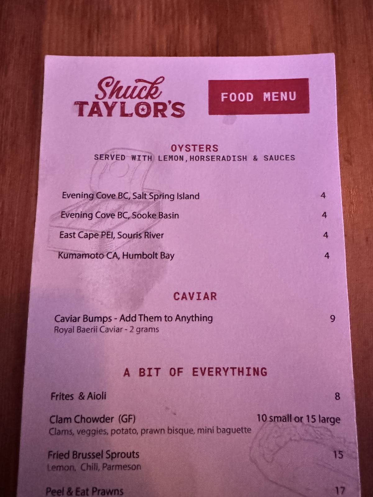 Menu at Shuck Taylor's pub & bar, Victoria
