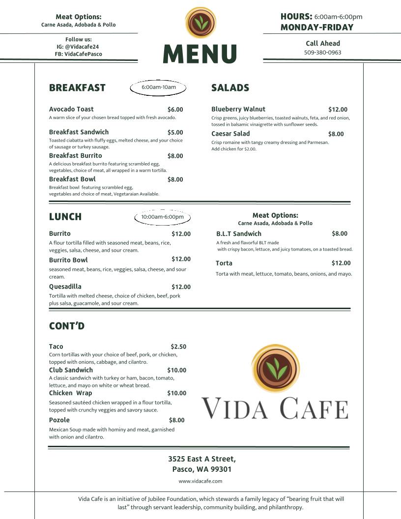 Menu at Vida Cafe, Pasco