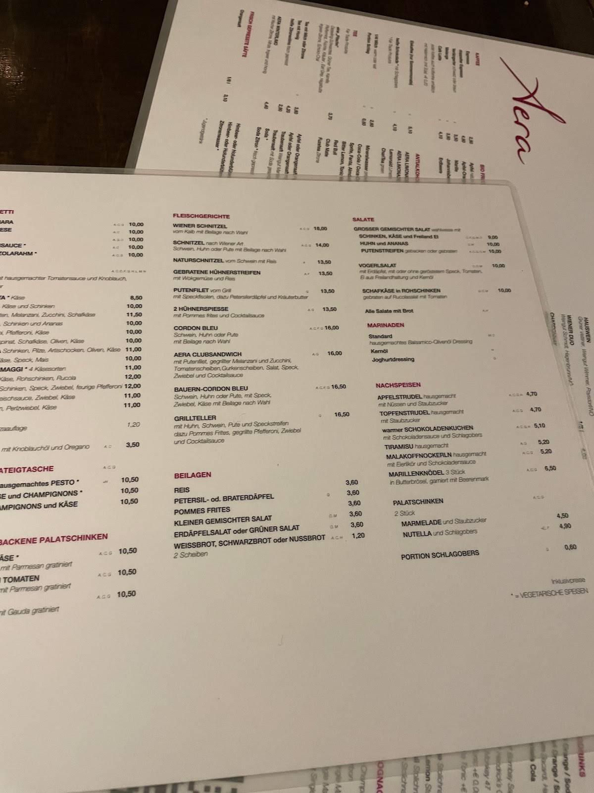 Speisekarte von Café Aera cafe, Wien