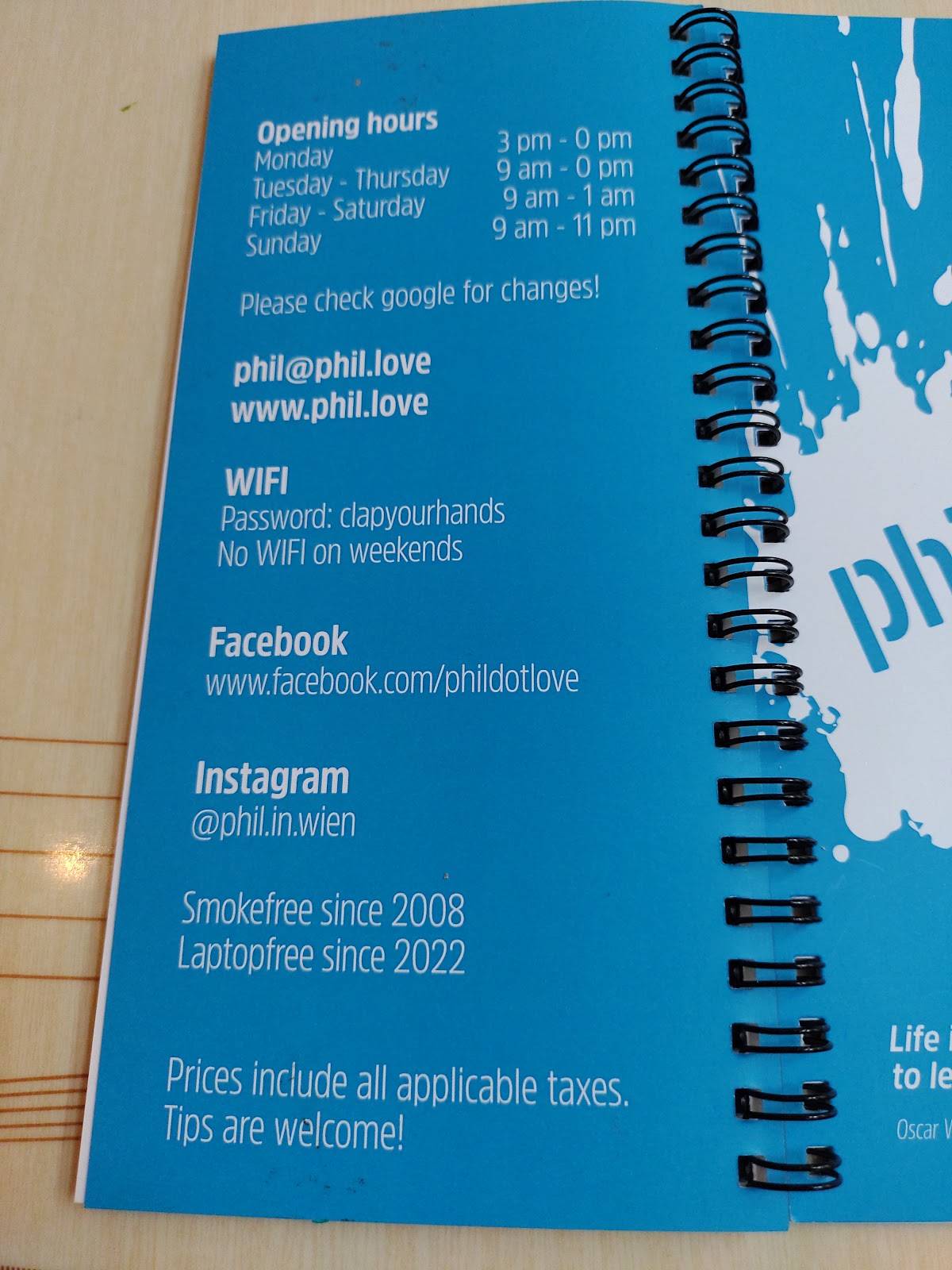 Menu at phil cafe, Vienna