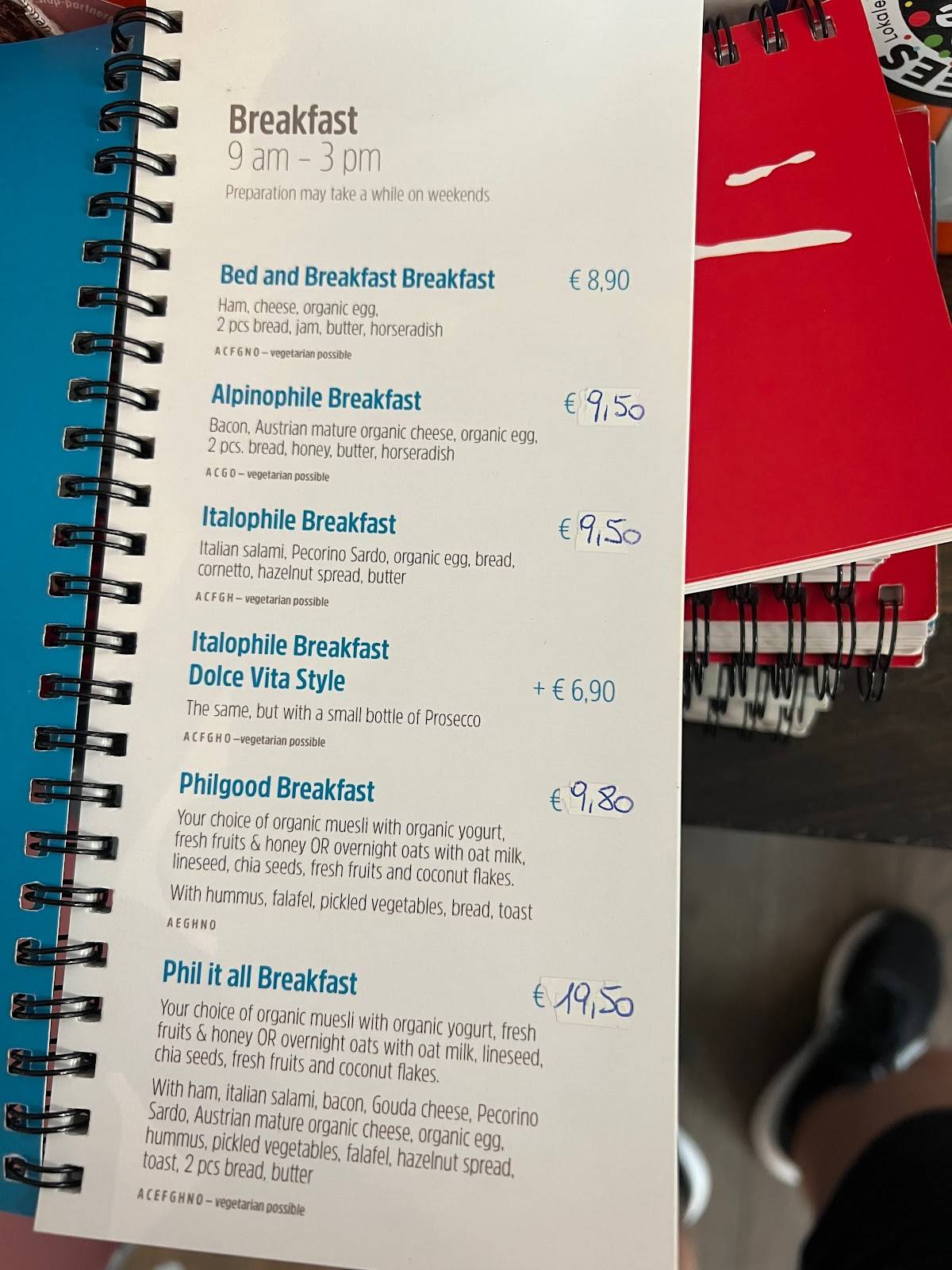 Menu at phil cafe, Vienna