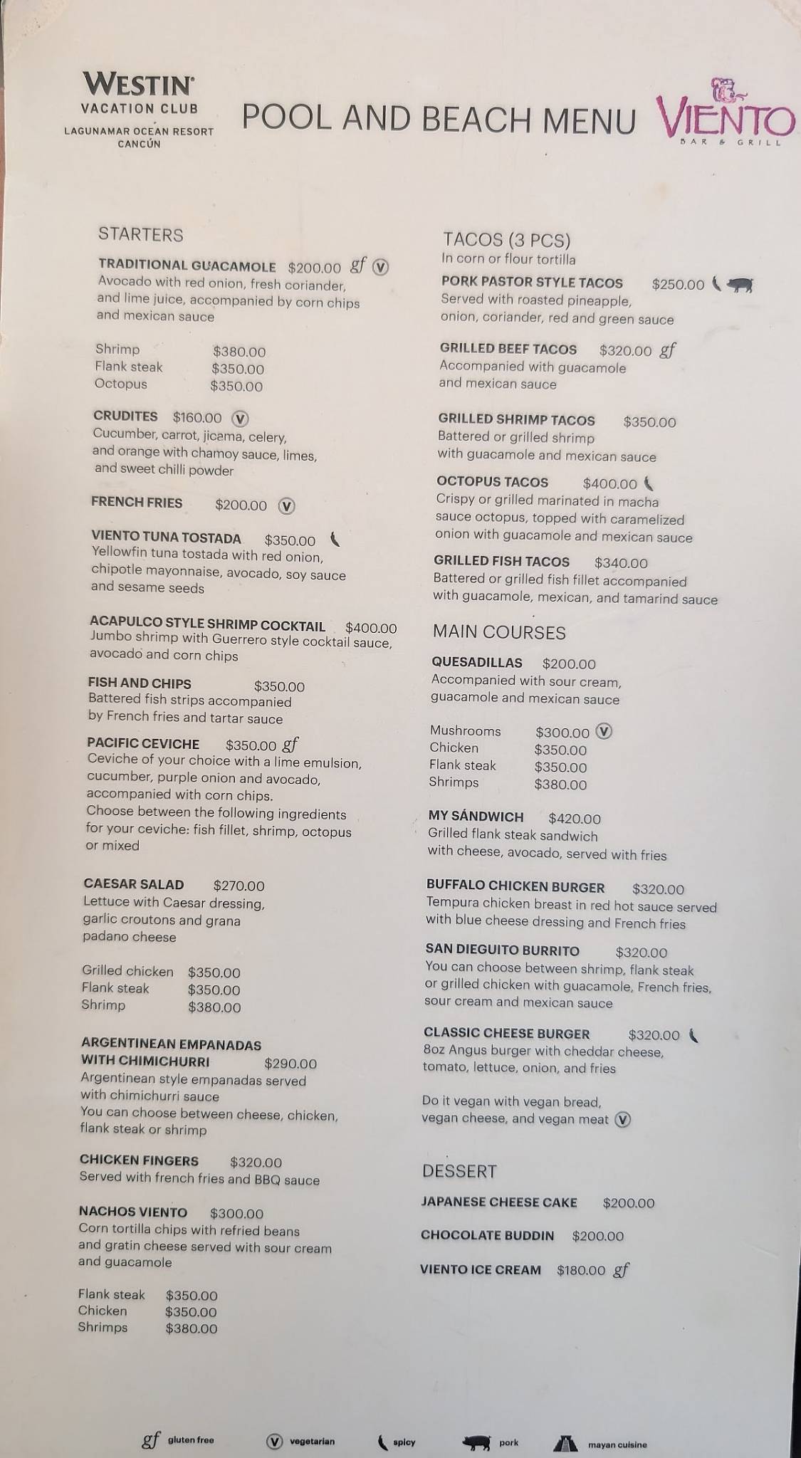 Menu at Viento Bar & Grill, Cancún