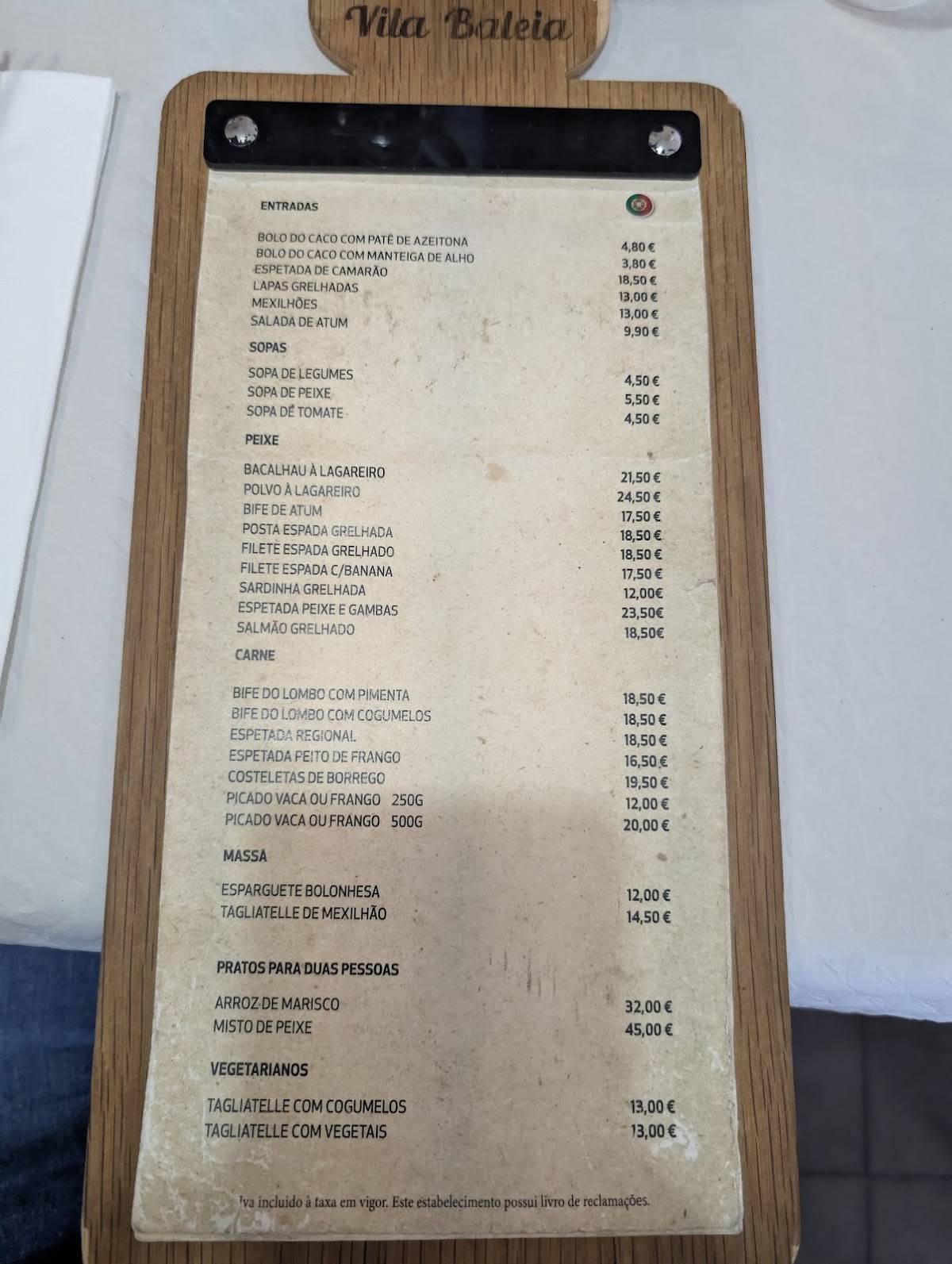 Menu at Vila Baleia restaurant, Porto Moniz