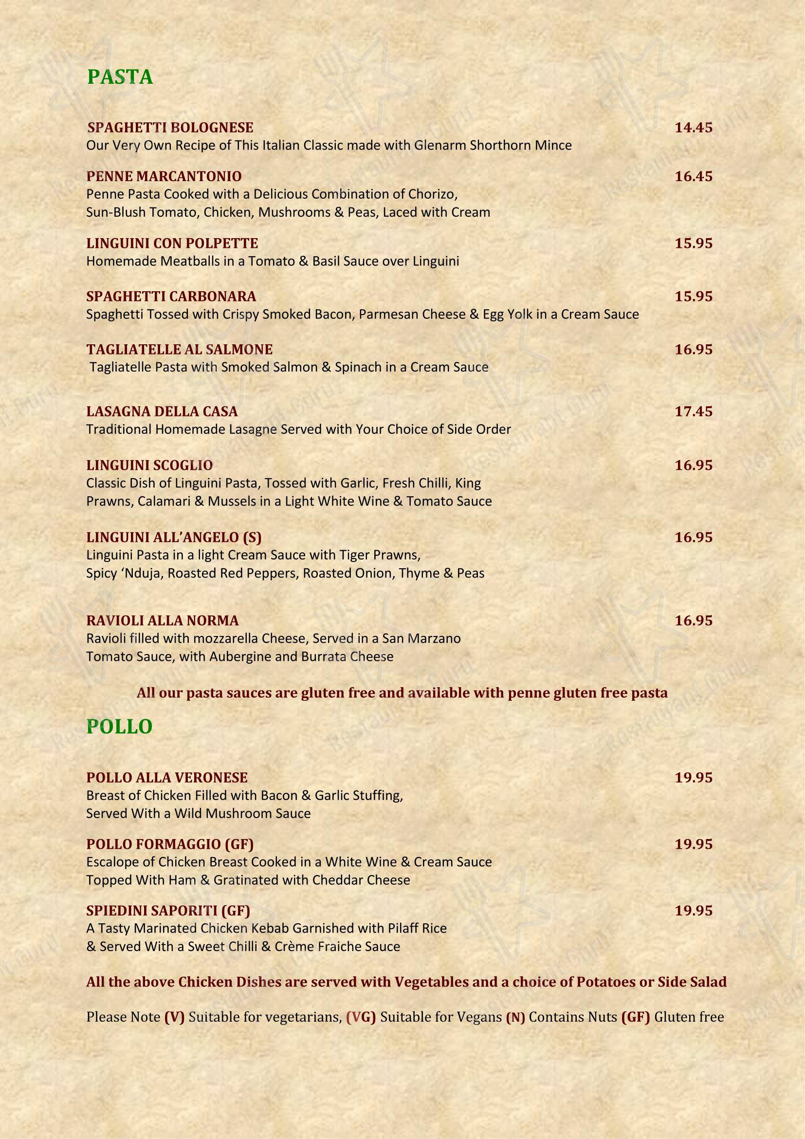 Menu at Villa Italia pizzeria, Belfast