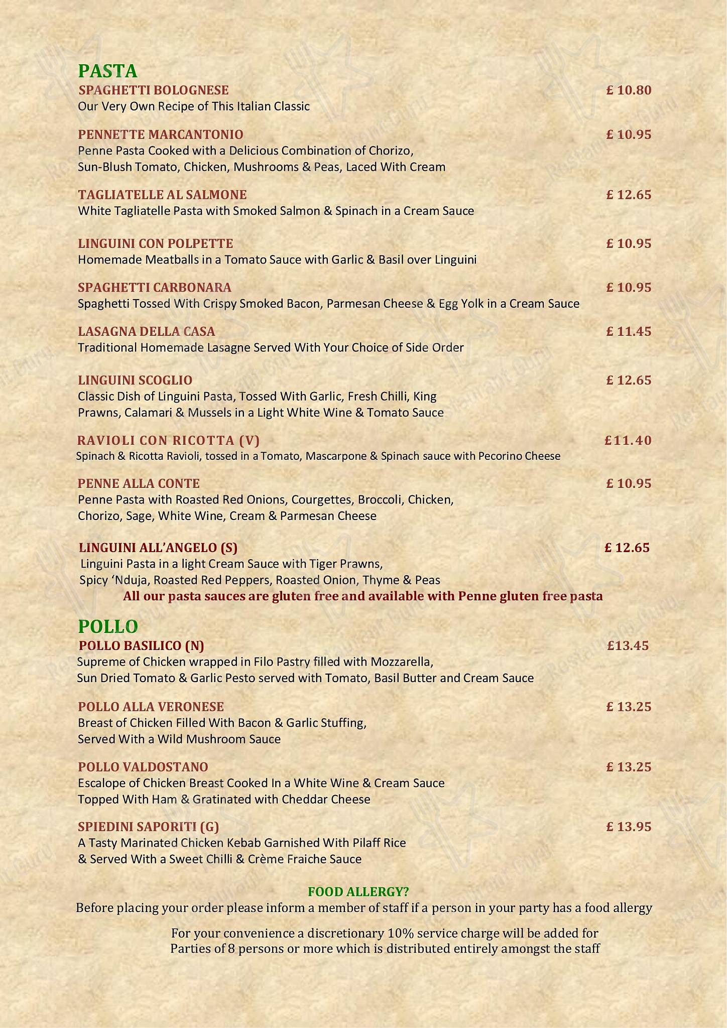 Menu at Villa Italia pizzeria, Belfast
