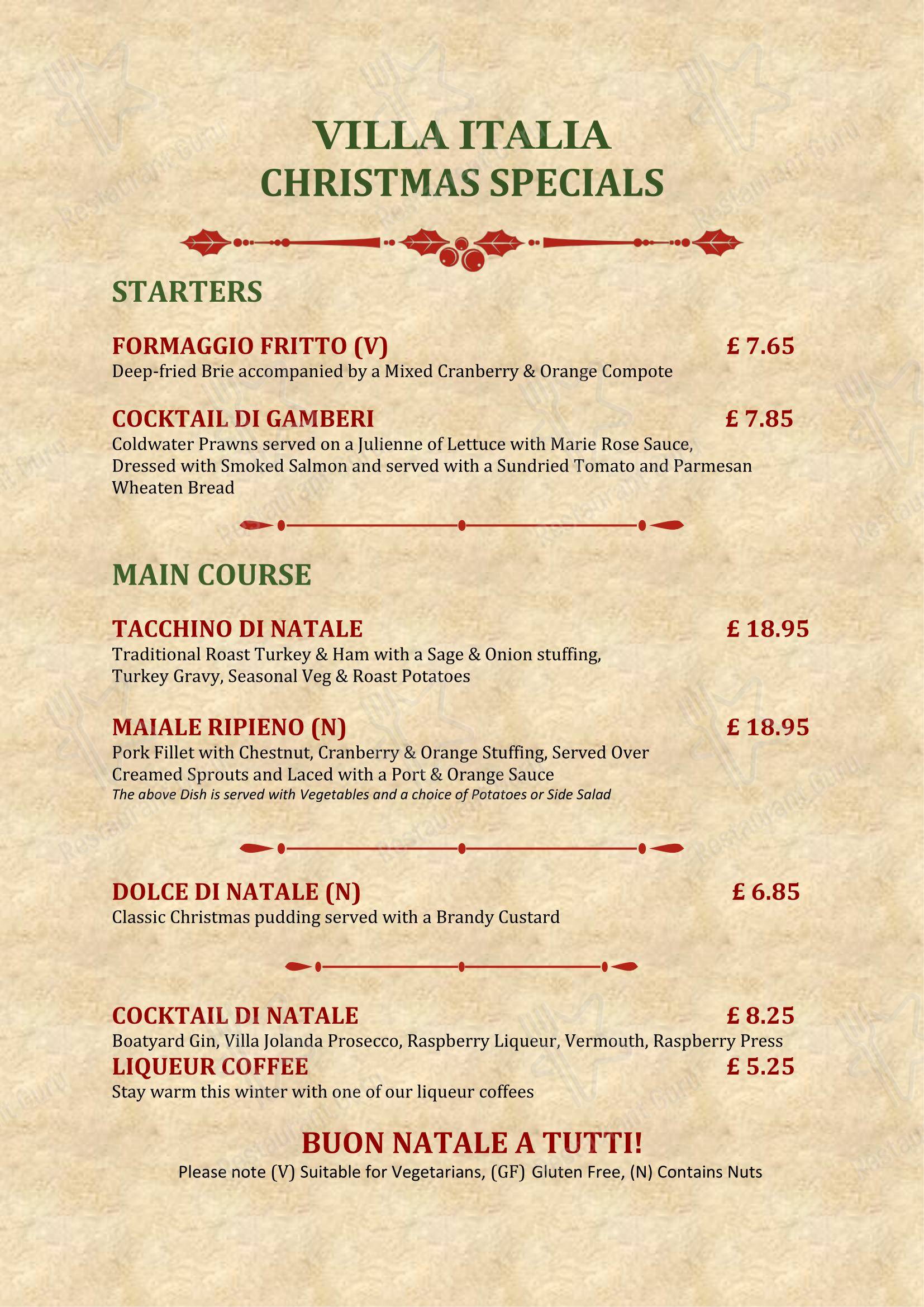 Menu at Villa Italia pizzeria, Belfast