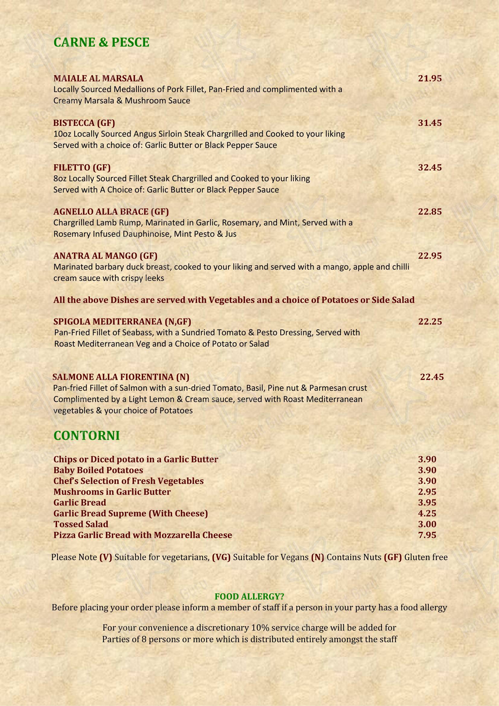 Menu at Villa Italia pizzeria, Belfast