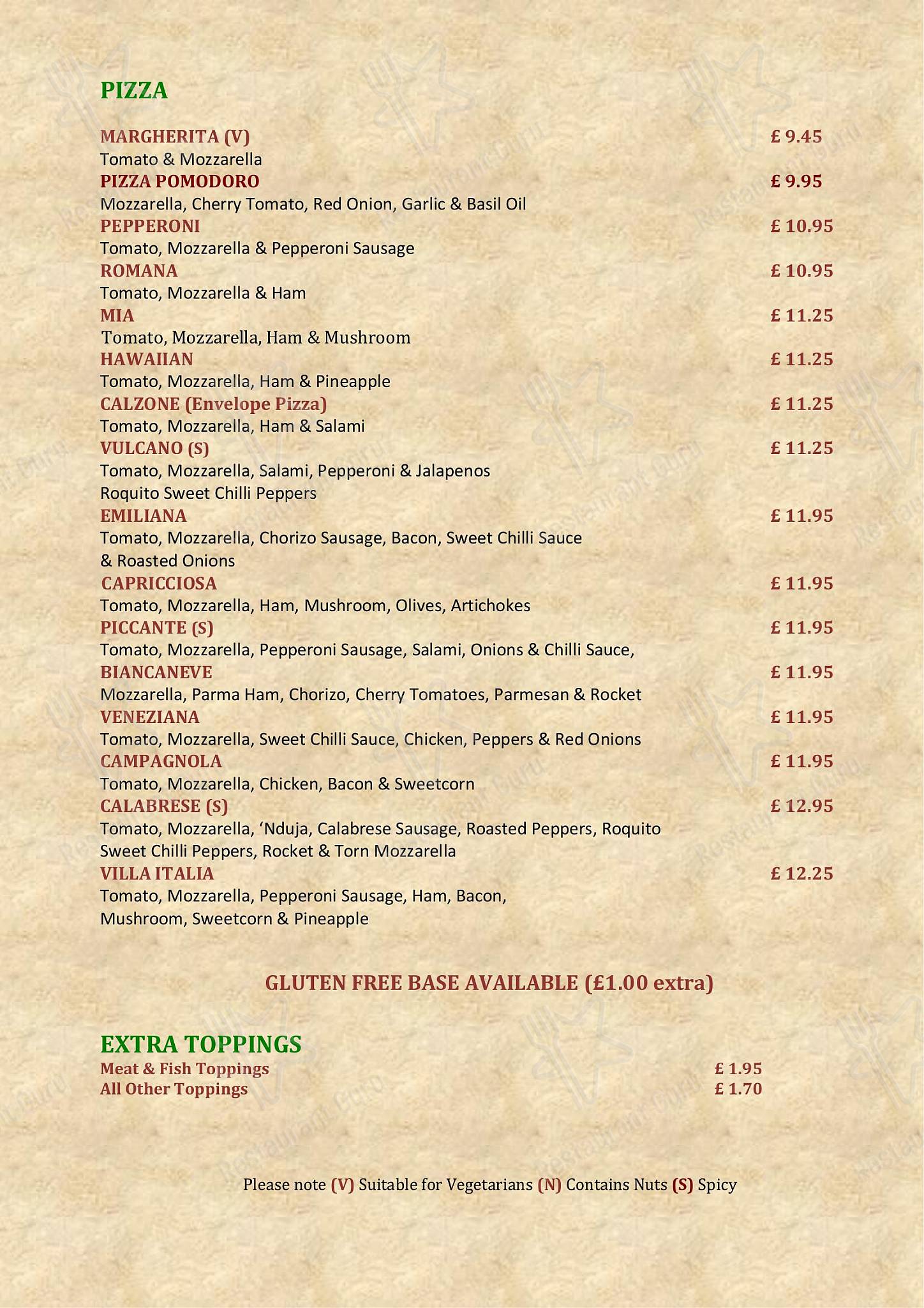 Menu at Villa Italia pizzeria, Belfast