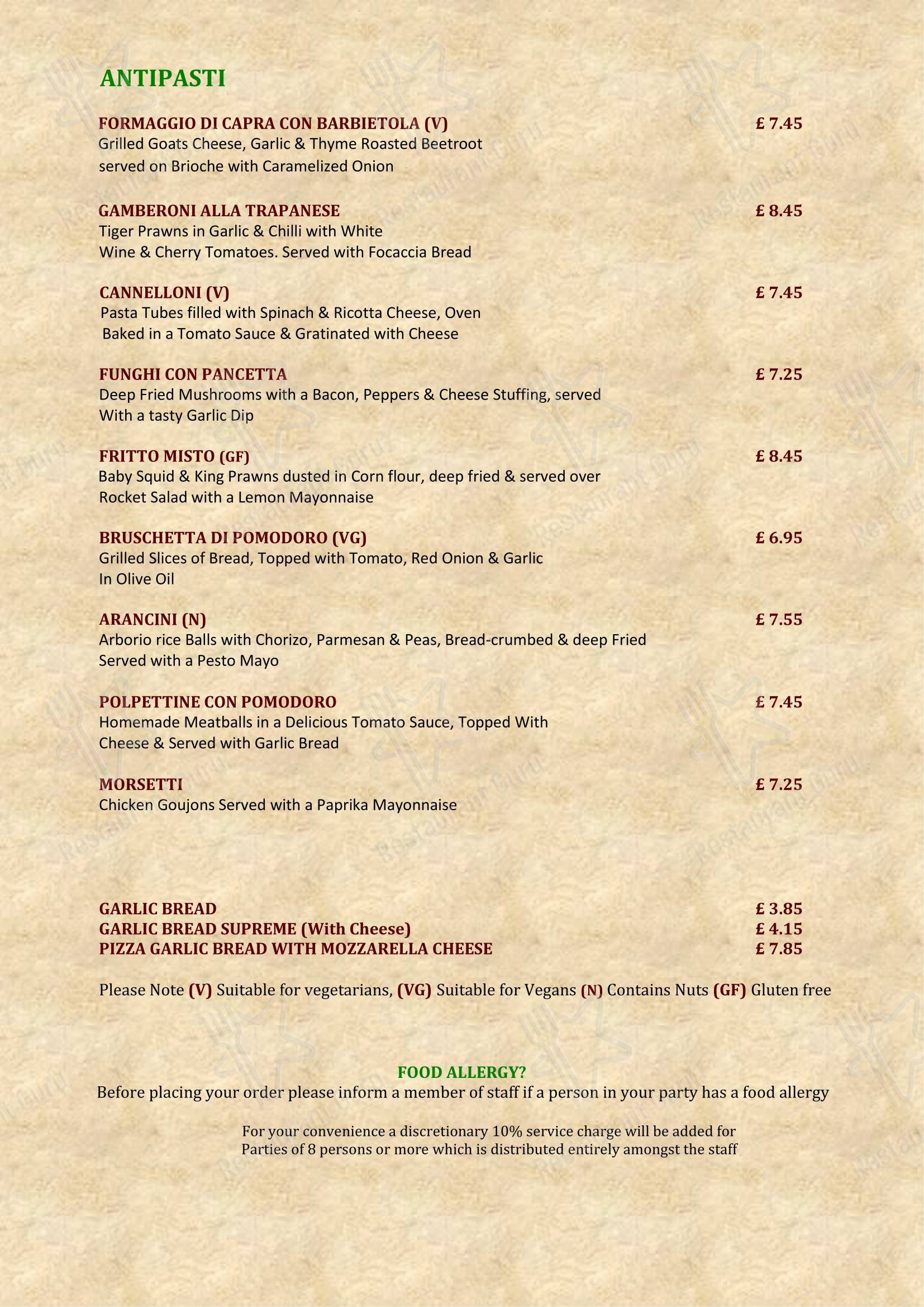 Menu at Villa Italia pizzeria, Belfast