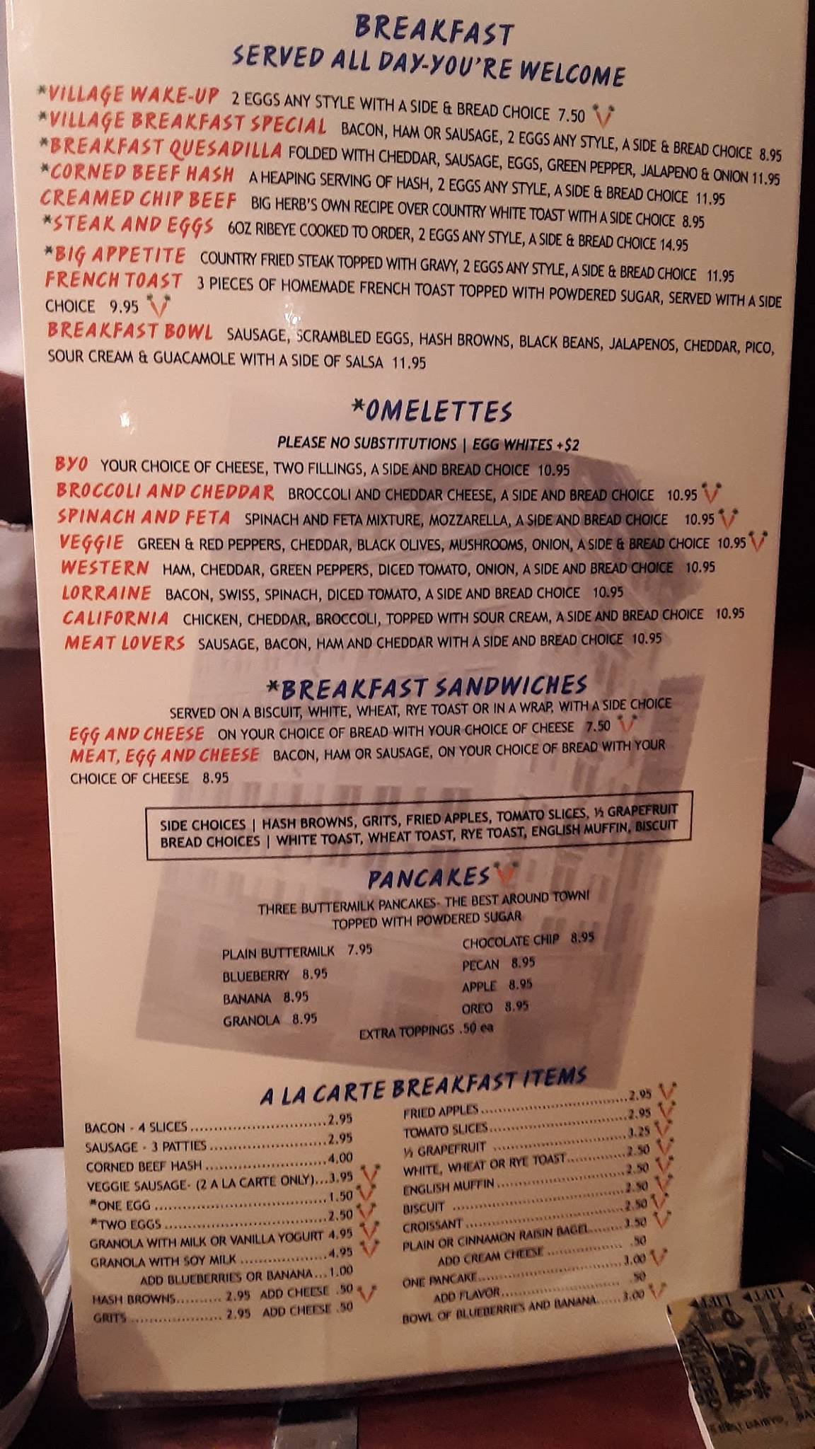 Menu at Village Cafe, Richmond