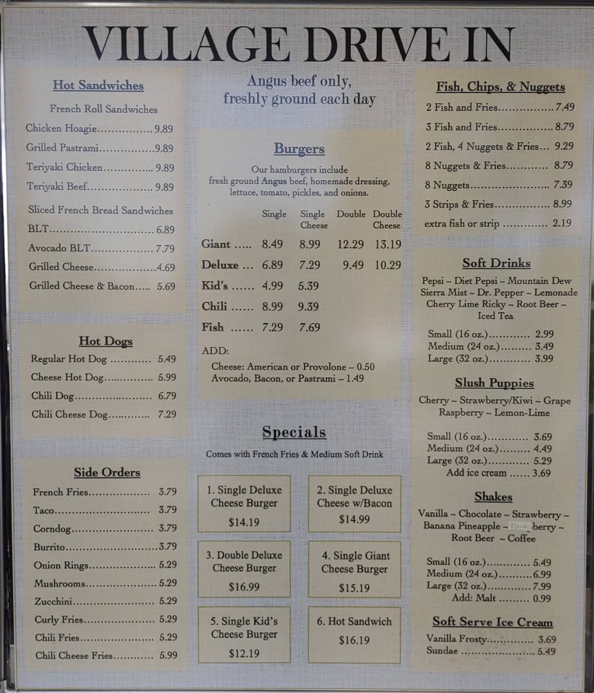 Menu at Village Drive-In fast food, Sacramento