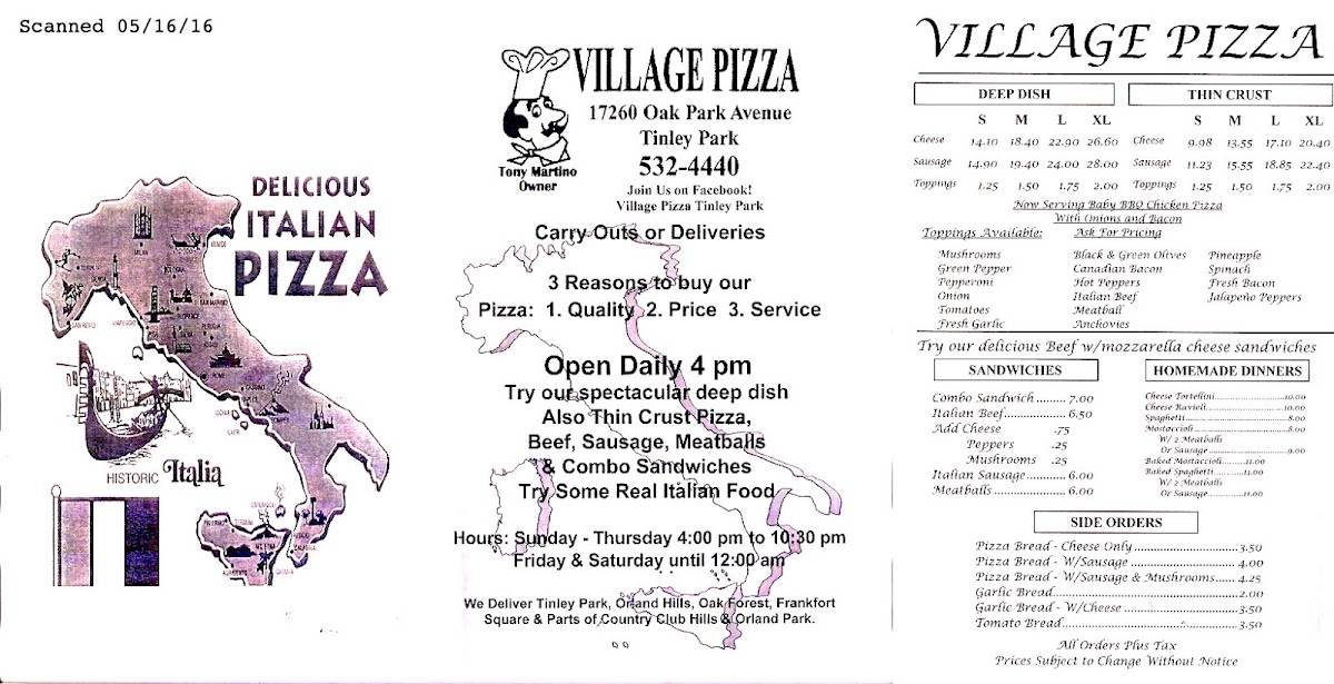 Menu at Village Pizza pizzeria, Tinley Park, Oak Park Ave # 1