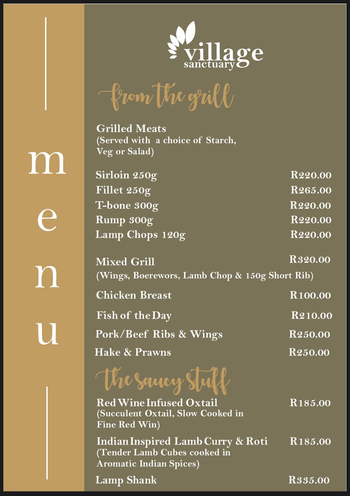 Menu at Village Sanctuary restaurant, Zebediela