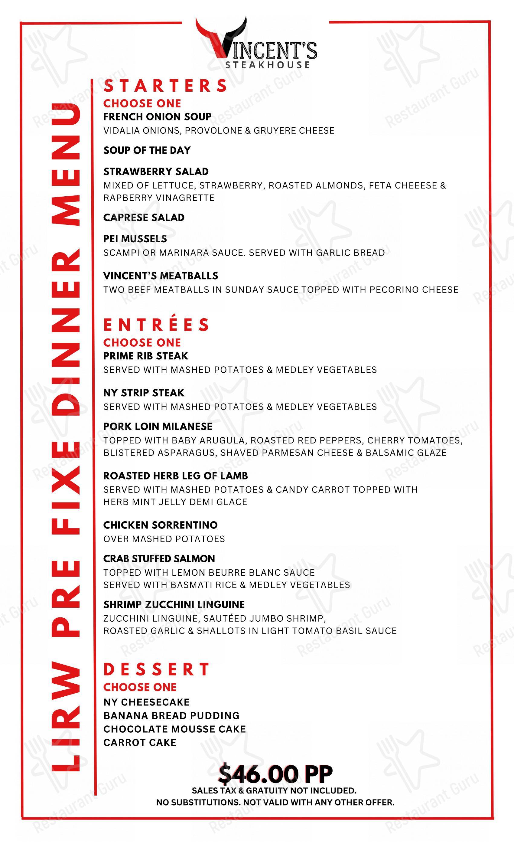 Carta de Vincent's Steakhouse, Wantagh