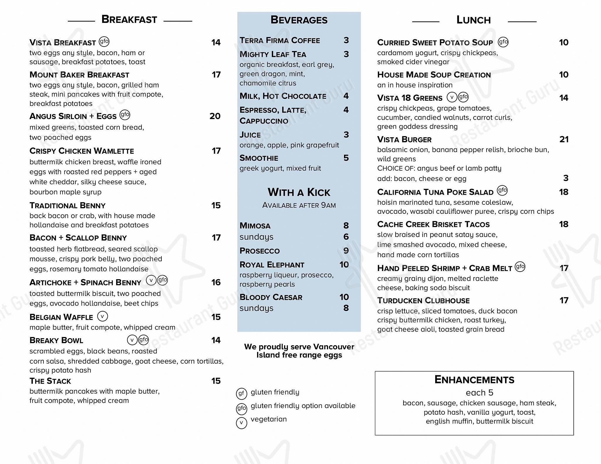 Menu at Vista 18 Restaurant + Lounge, Victoria