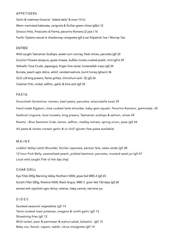Menu at Vivace restaurant, Brighton