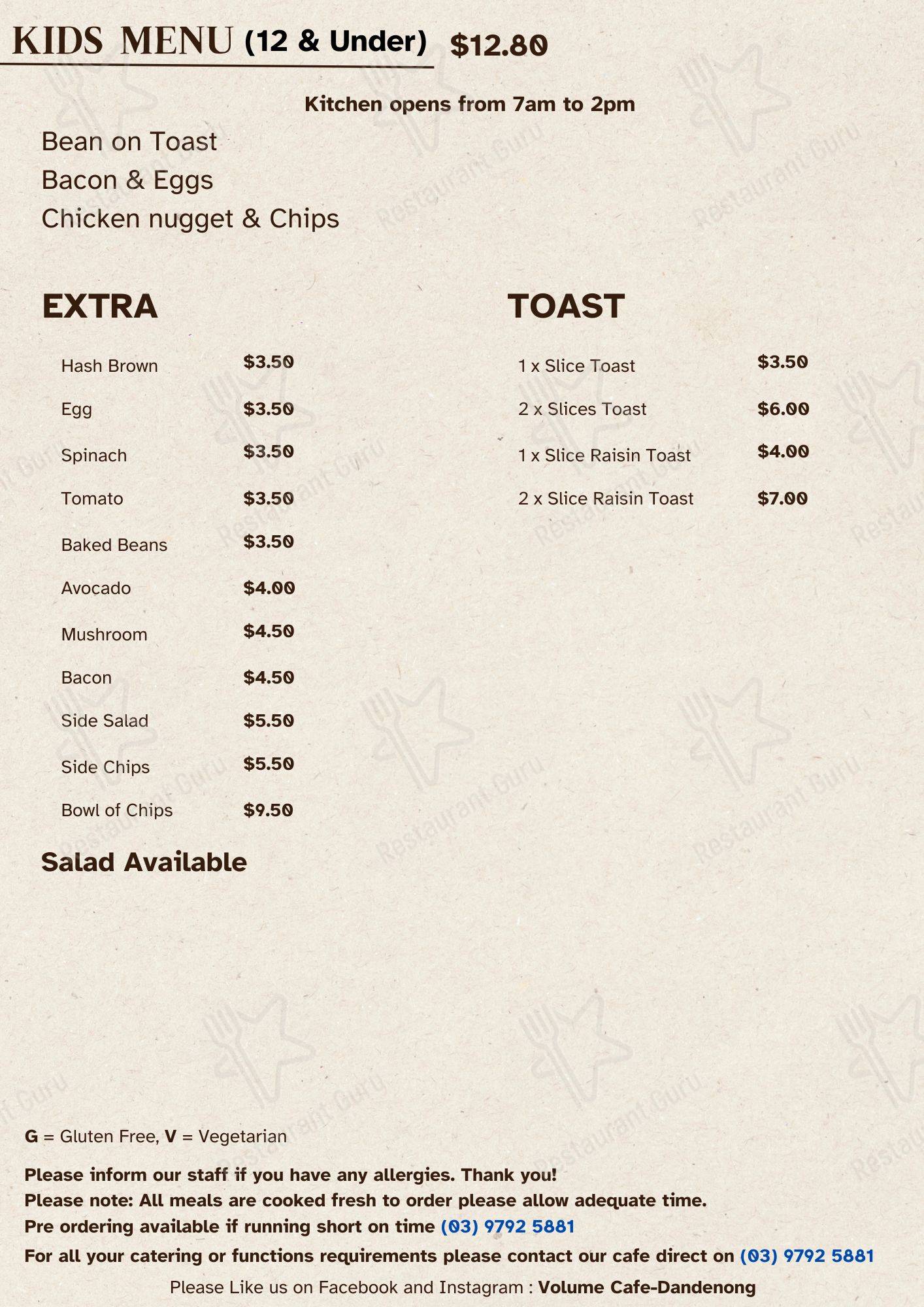 Menu at Volume Cafe-Dandenong, Dandenong