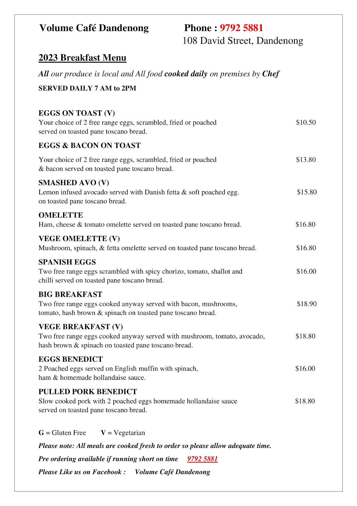 Menu at Volume Cafe Dandenong, Dandenong