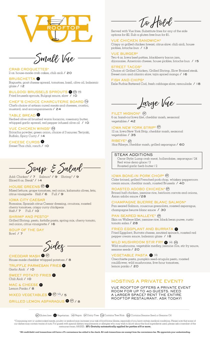 Menu at Vue Rooftop pub & bar, Iowa City