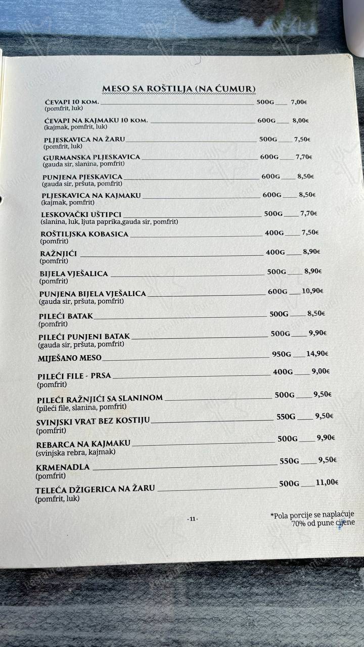 Menu at Vuk restaurant, Podgorica, 24 Dalmatinska St