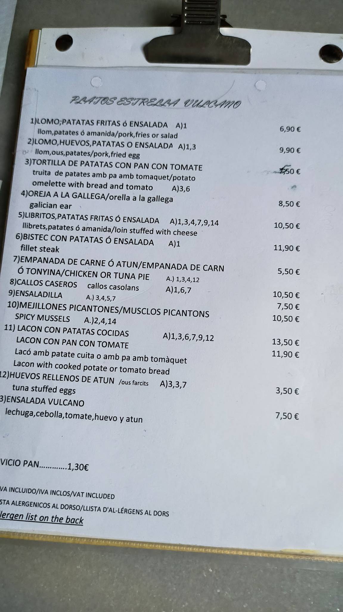 Carta de Vulcano Bar, Barcelona