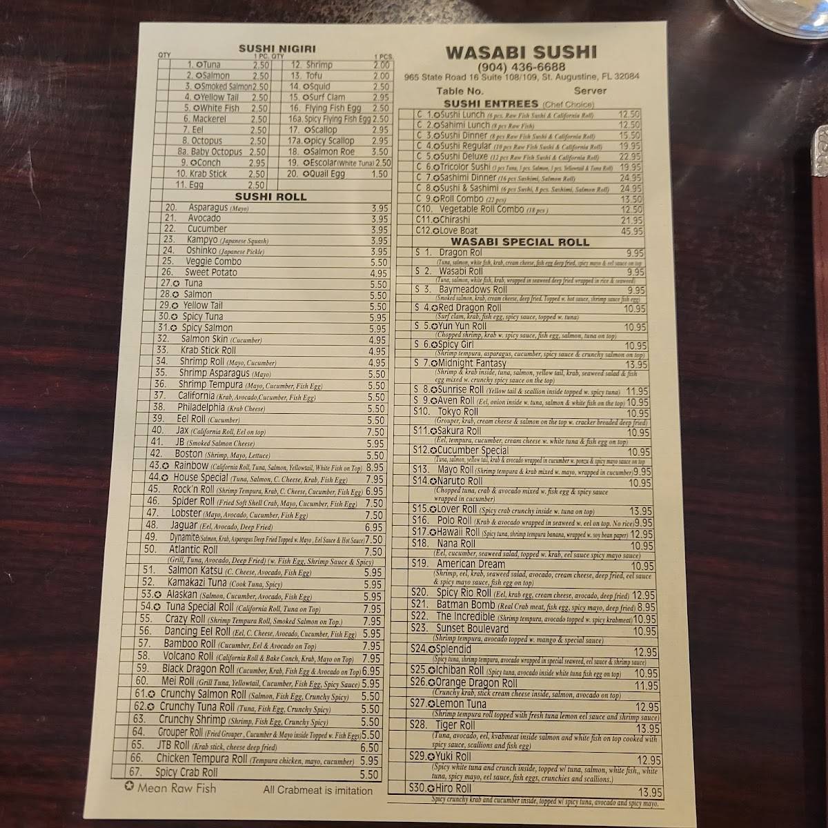 Menu at WASABI restaurant, St. Augustine, 965 FL-16