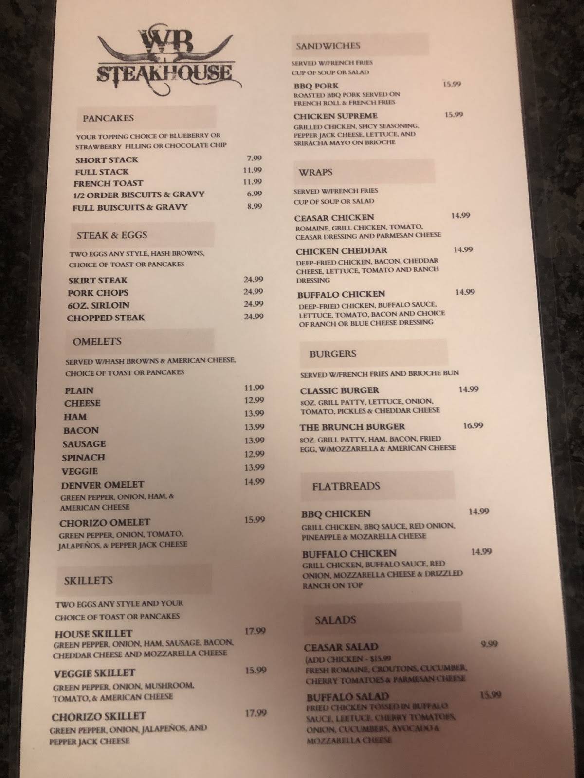Menu at WB Steakhouse, Lakes of the Four Seasons