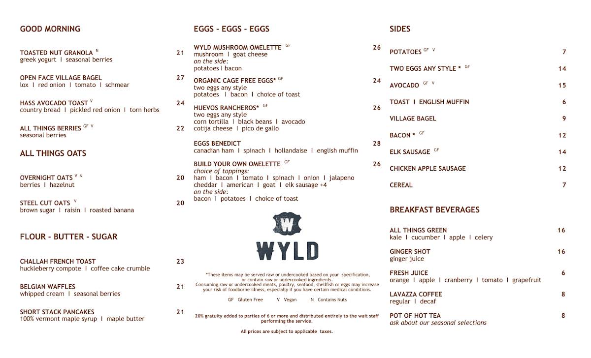 Menu at WYLD restaurant, Avon