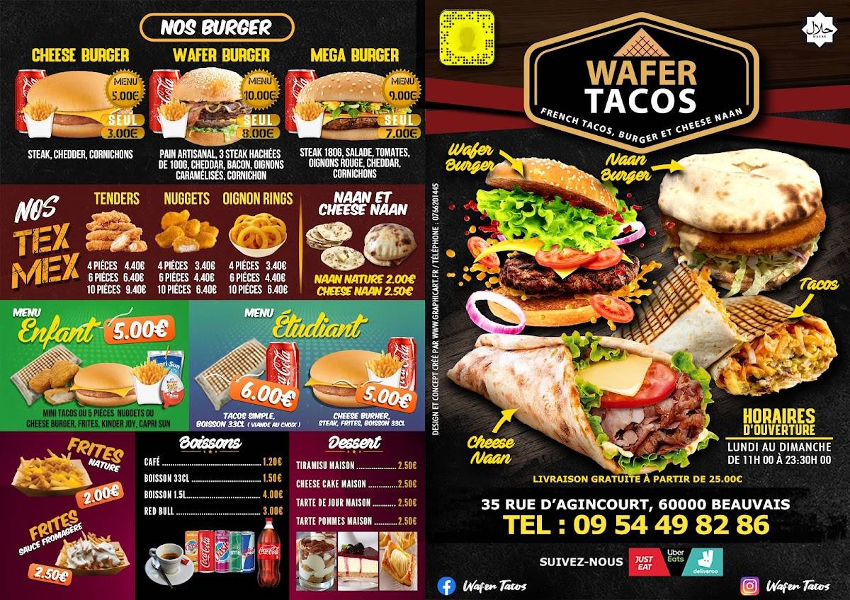 Menu at Wafer Tacos restaurant, Beauvais