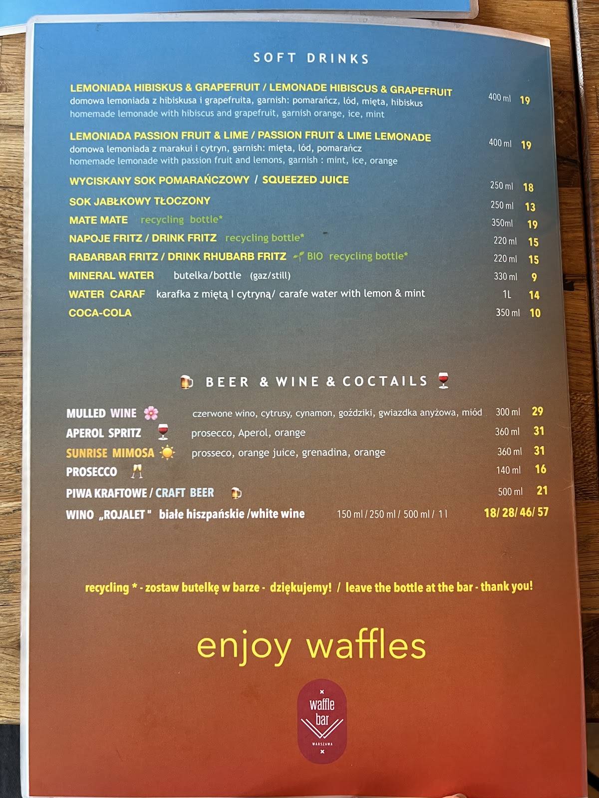 Menu at Waffle Bar, Warsaw, Akademicka 1