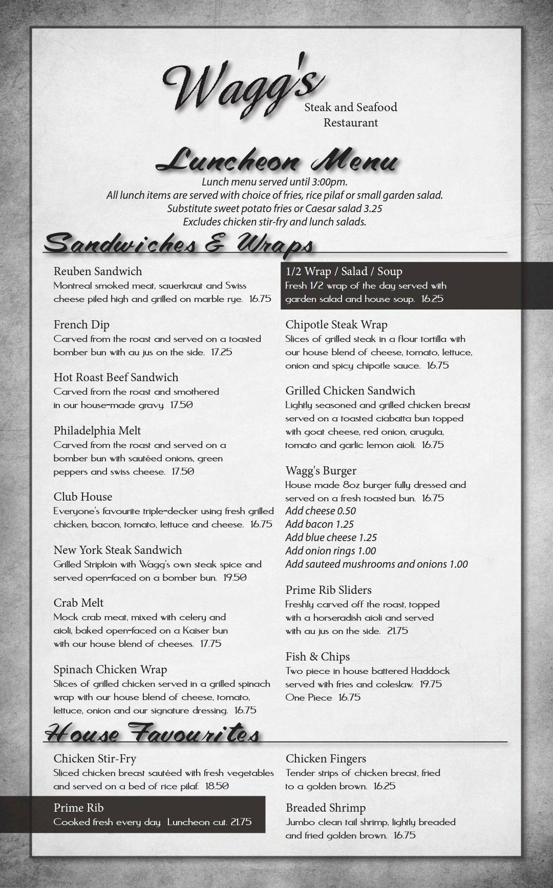 Menu at Waggs Steak & Seafood Restaurant, Sarnia