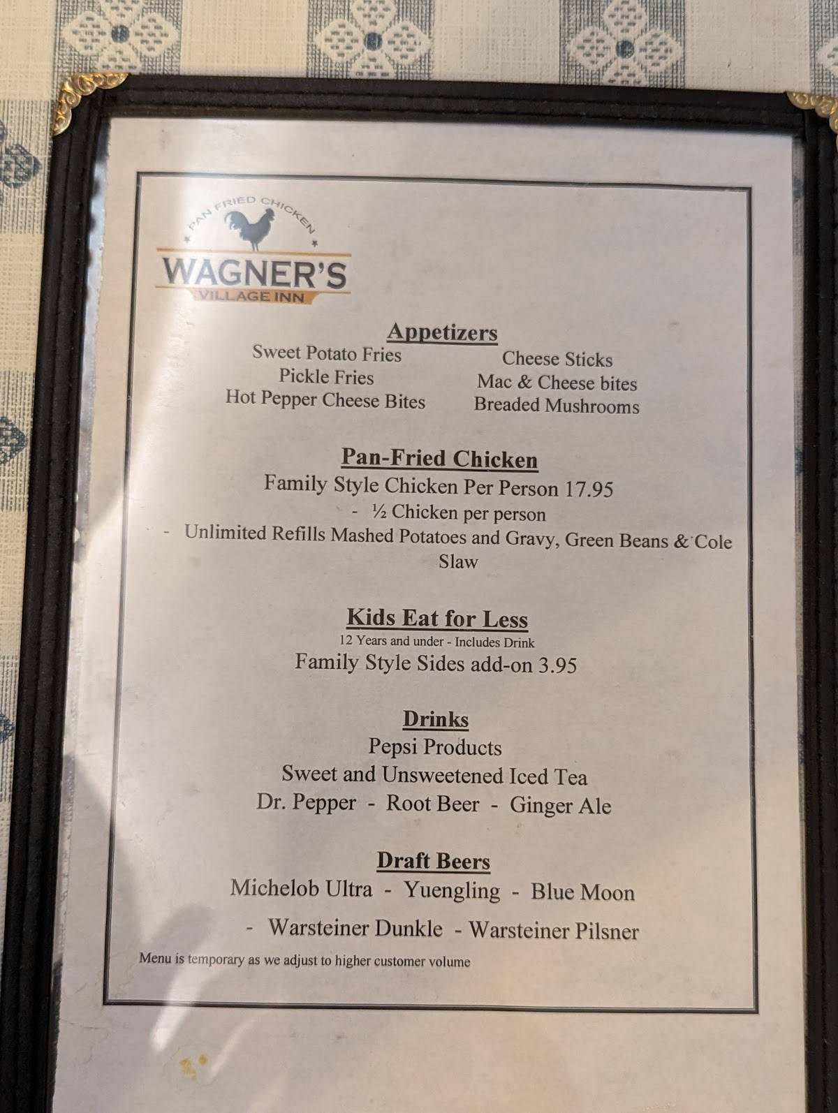 Menu at Wagner's Village Inn restaurant, Oldenburg