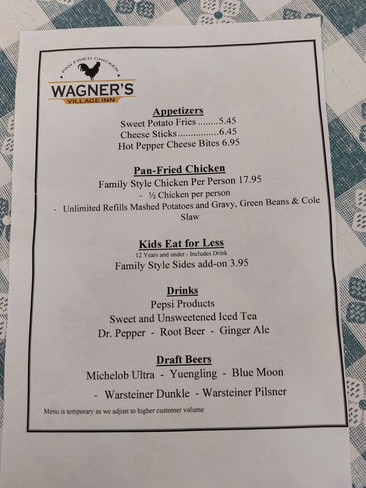 Menu at Wagner's Village Inn restaurant, Oldenburg