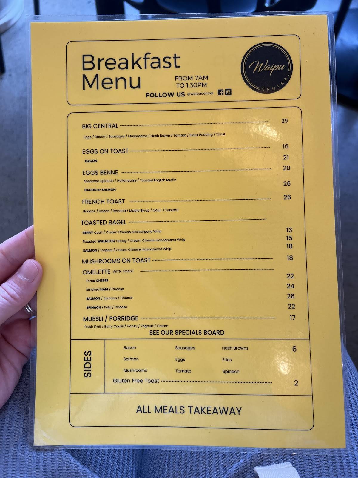 Menu at Waipu Central cafe, Waipu, 1 The Centre