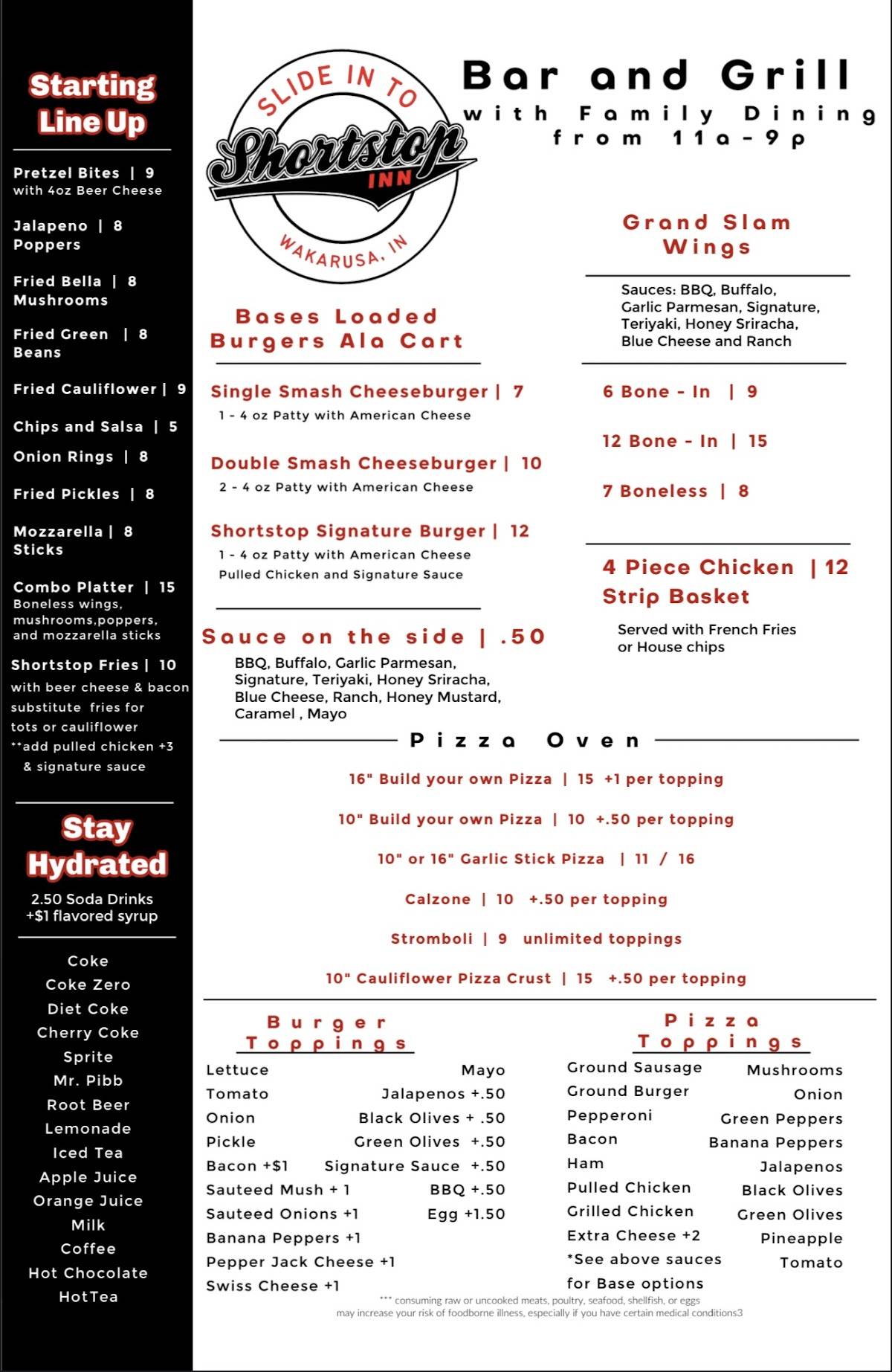 Menu at Shortstop Inn pub & bar, Wakarusa