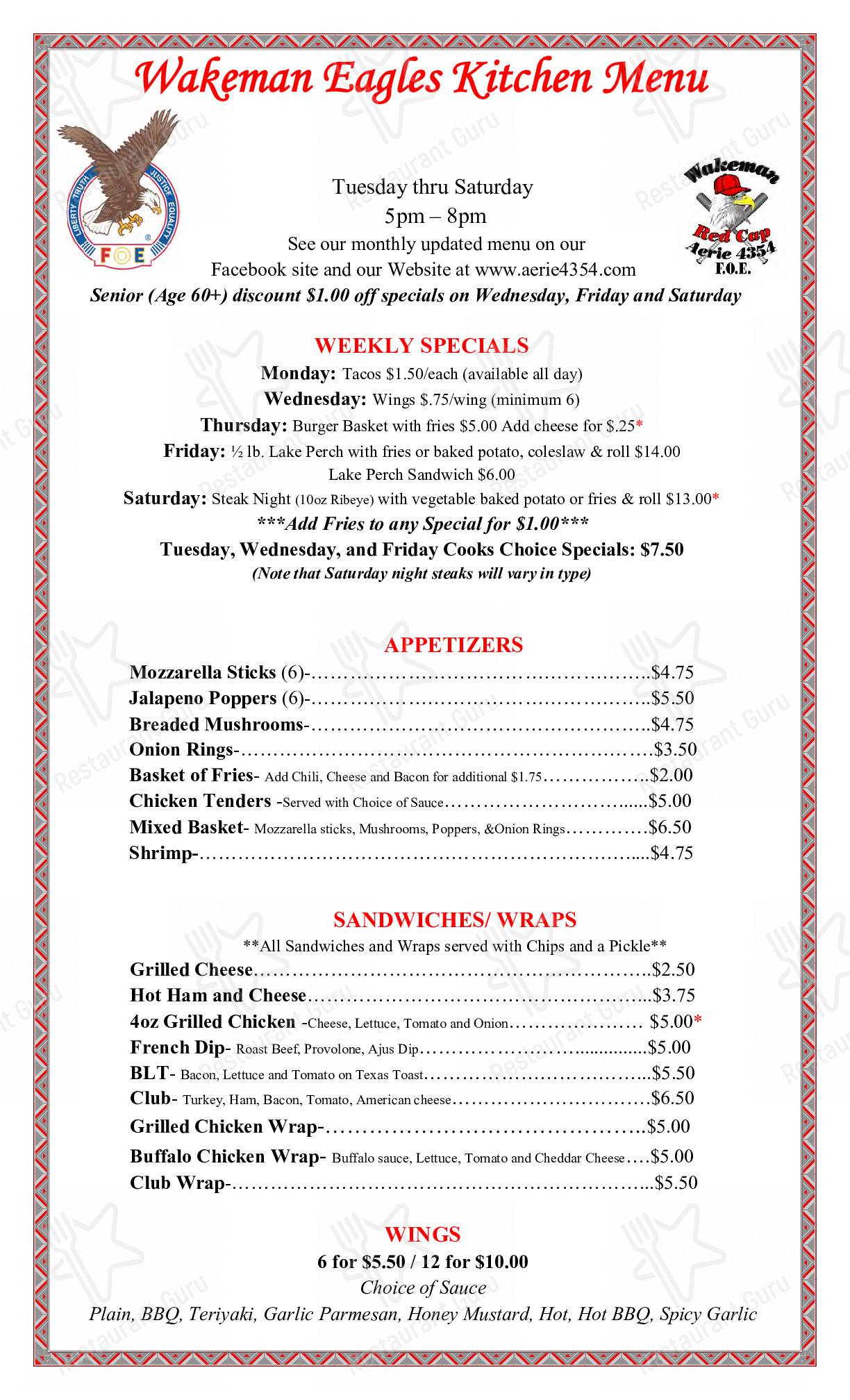 Menu at Wakeman Eagles club, Wakeman
