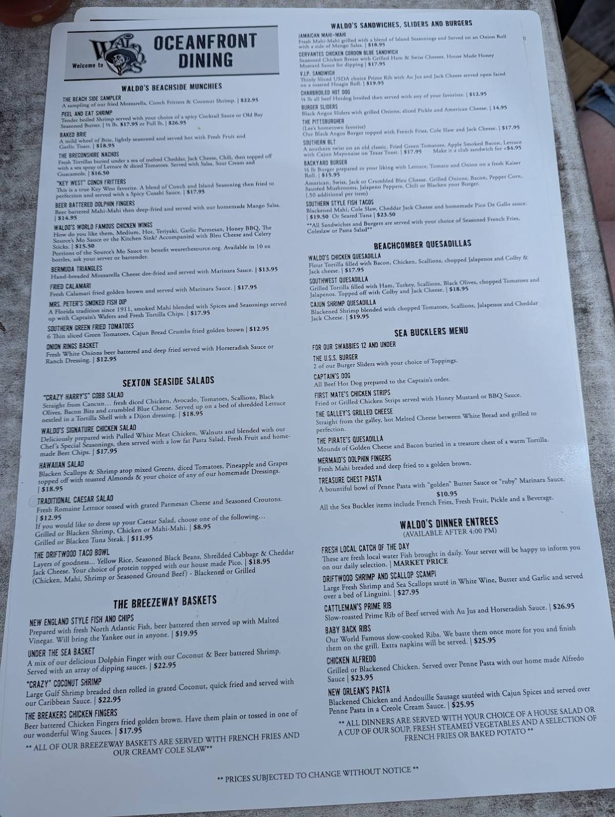 Menu at Waldo's Restaurant, Vero Beach