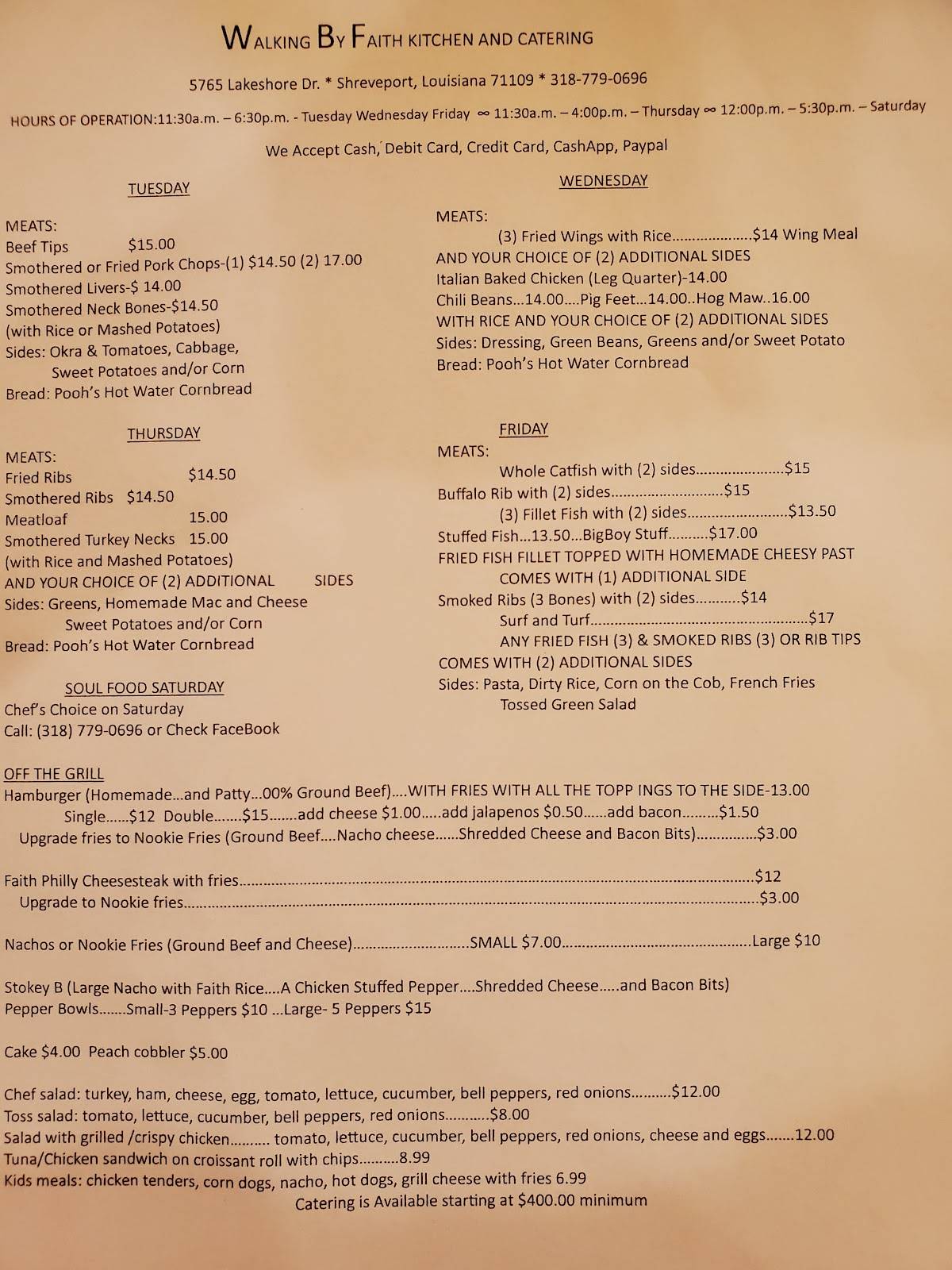 Menu at Walk By Faith BBQ, Shreveport