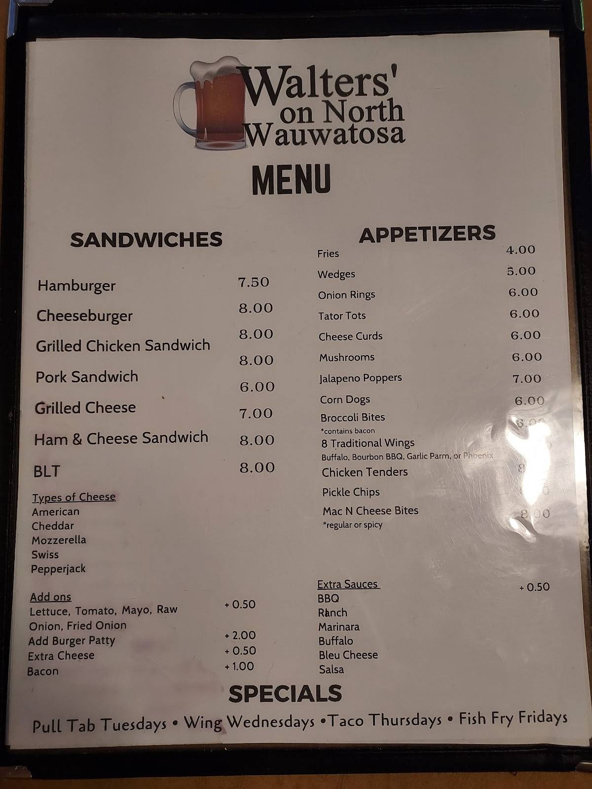 Menu at Walters' on North pub & bar, Wauwatosa